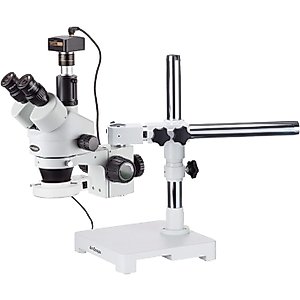 AmScope SM-3TZ-54S-5M Digital Professional Trinocular Stereo Zoom Microscope, WH10x Eyepieces, 3.5X-90X Magnification, 0.7X-4.5X Zoom Objective, 54-Bulb LED Light, Single-Arm Boom Stand, 110V-240V, Includes 0.5X and 2.0X Barlow Lenses and 5MP Camera with