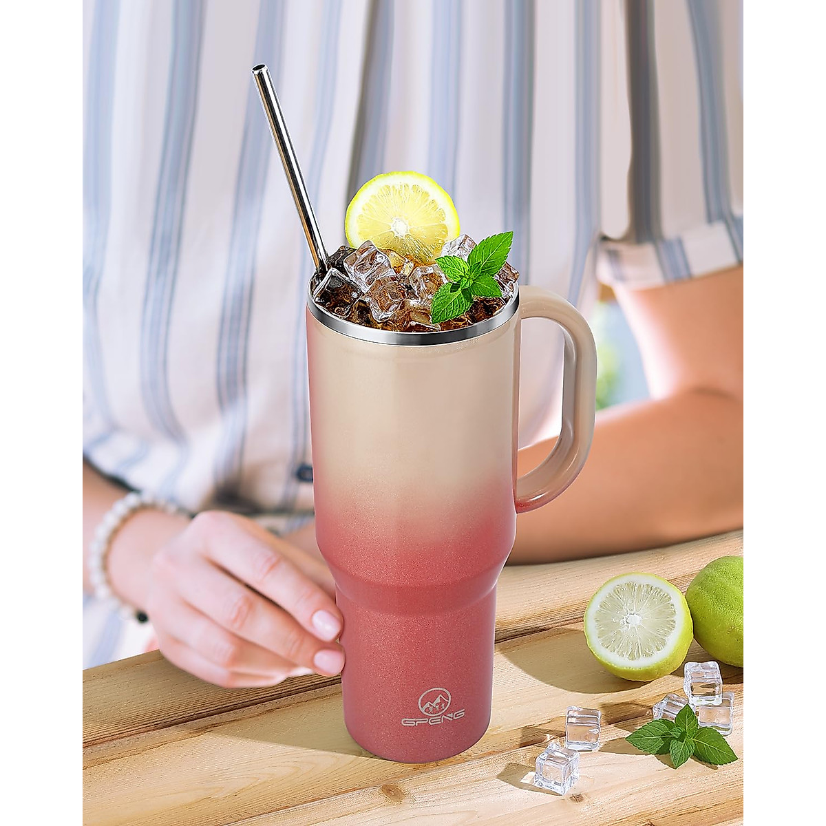 Gpeng 40 oz Tumbler with Handle, Water Bottles with Straw Lid, Insulated Stainless Steel Travel Mug Cup Holder Friendly, Keep Drinks Cold or Hot for Hours