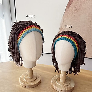 Men Knit Hat with Hair Boys Funny Handmade Knitting Winter Hat Beanie Rasta Hat with Dreadlocks (B-Brown)