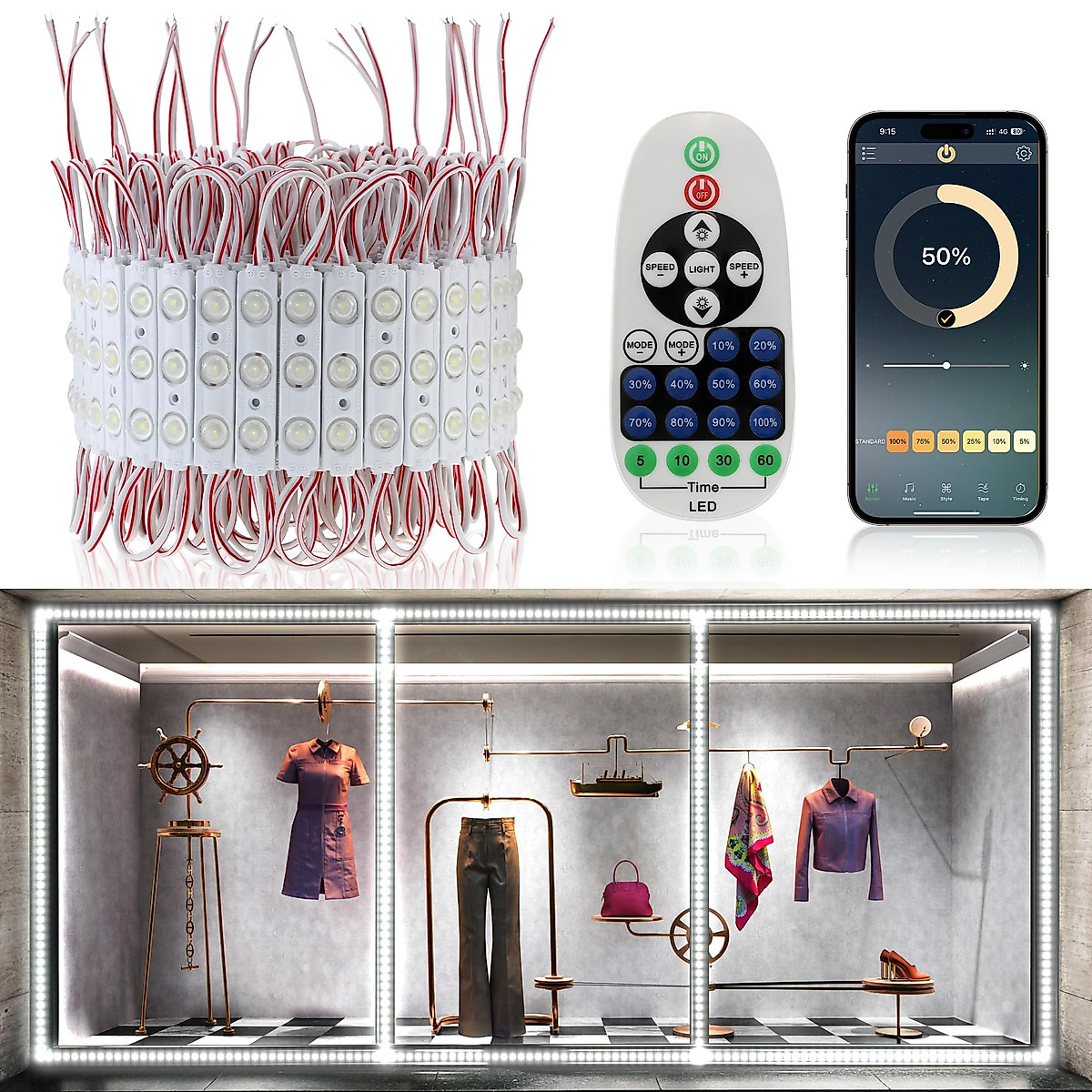 WICHEMI 100ft Storefront LED Light Bluetooth APP Control LED Module for Signs Daylight White 6500K 1.32W 12V DC 200PCS 2835 SMD 3 LED Window Lights for Business Strip Light for Store Advertising Décor