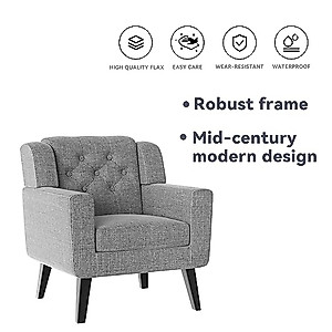 Accent Chair Living Room Chairs Single Sofa Chair, Accent Chairs Arm Chairs with Button Tufted Linen Fabric, Mid Century Accent Arm Chairs Comfy Reading Lounge Club Armchair for Bedroom Office Study