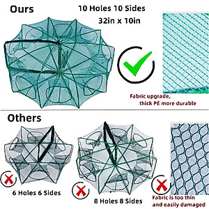 DAMIDEL 32in x 10in Folded Fishing Bait Trap, 10 Holes 10 Sides Foldable Fishing Nets for Fish/Crab/Shrimp/Crawdad, Upgrade Large Space,Bait Bag/Bait Box/Rope/Storage Bag