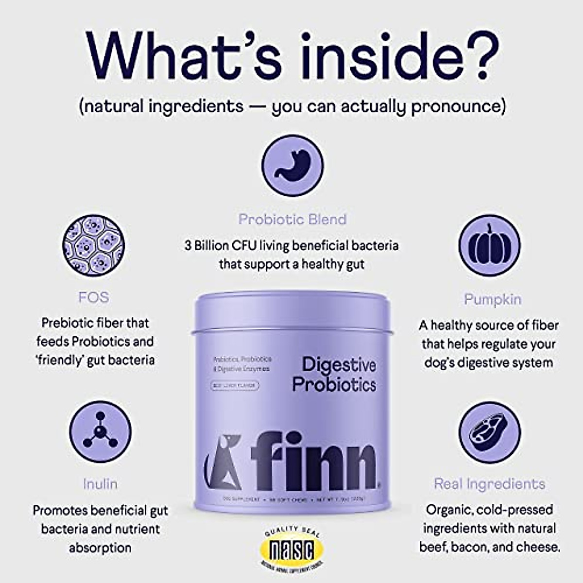 Finn Digestive Probiotics for Dogs - Complete Digestive System Support with Pumpkin, Prebiotics, & Live Probiotics - Vet Recommended & Made in The USA - 90 Soft Chews