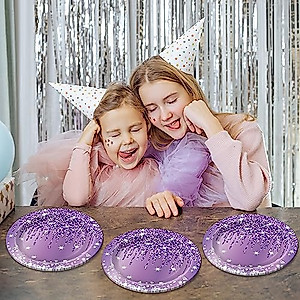 48 PCS Purple Silver Plates for Glitter Diamonds Happy Birthday Decorations Purple and Silver Birthday Theme Dessert Plates for Girls Women Purple Dinner Plate Glitter Diamonds Birthday Party Supplies