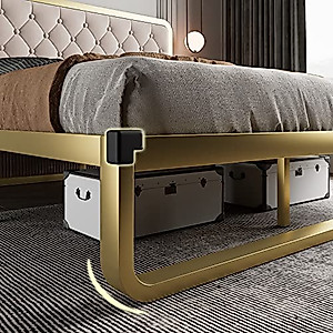 Feonase Full Size Platform Bed Frame with Heavy-Duty Steel Slats, Velvet Upholstered Headboard, 12" Storage Space, No Box Spring Required, Noise Free, Easy Assembly, Golden and Beige