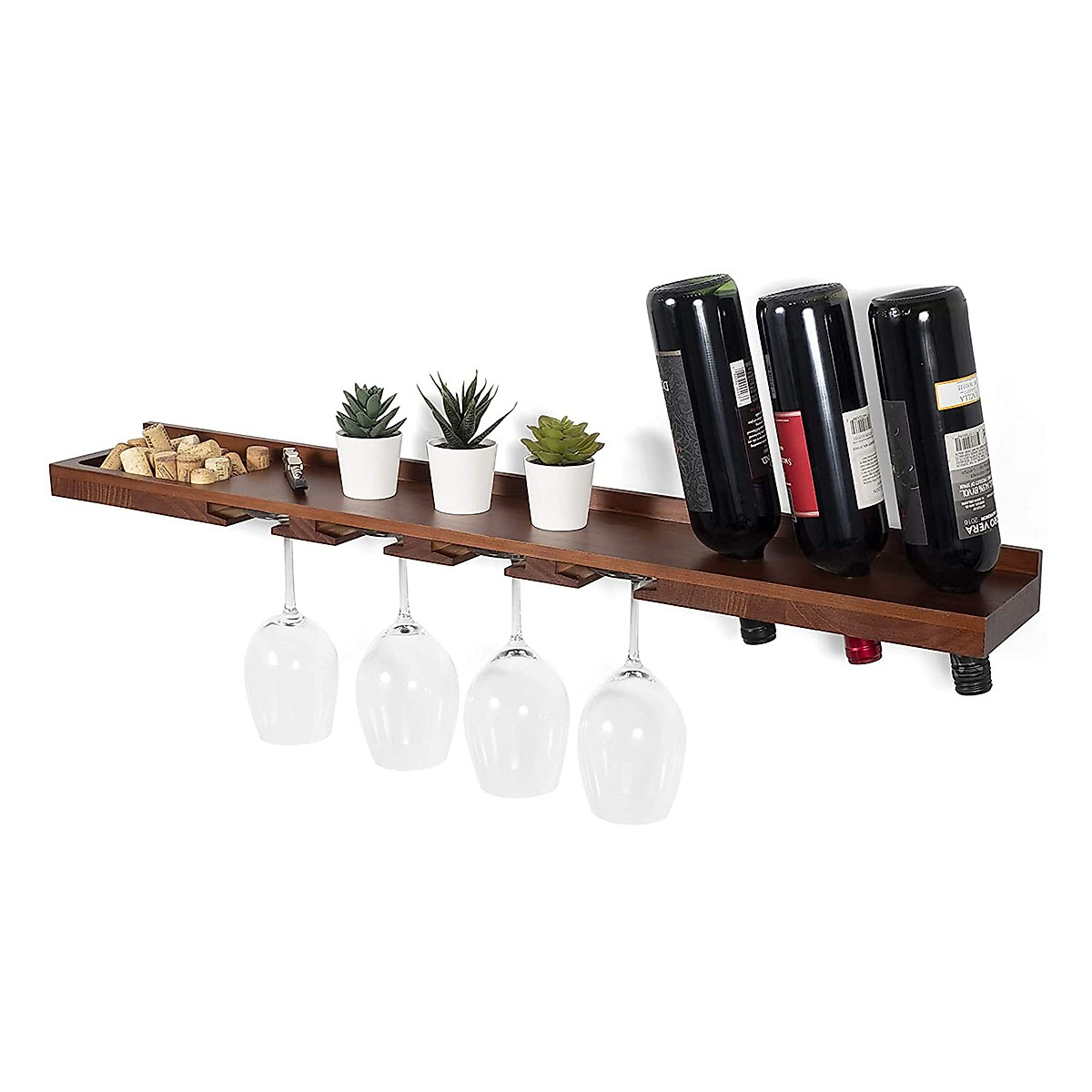 Rustic State Molise Wall Mount Wood Floating Wine Rack Stemware Holder Glassware Shelf Cork Storage Organizer for 3 Bottles and 4 Glasses - Home, Kitchen, Dining Room Bar Décor - Walnut
