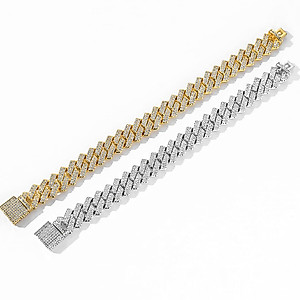 LKV 14K 14mm Zircon Diamond Miami Cuban Chain Bracelet Gold Plated Hip Hop Iced Out CZ Link Chain Bracelet for Men and Women(gold 8inch)