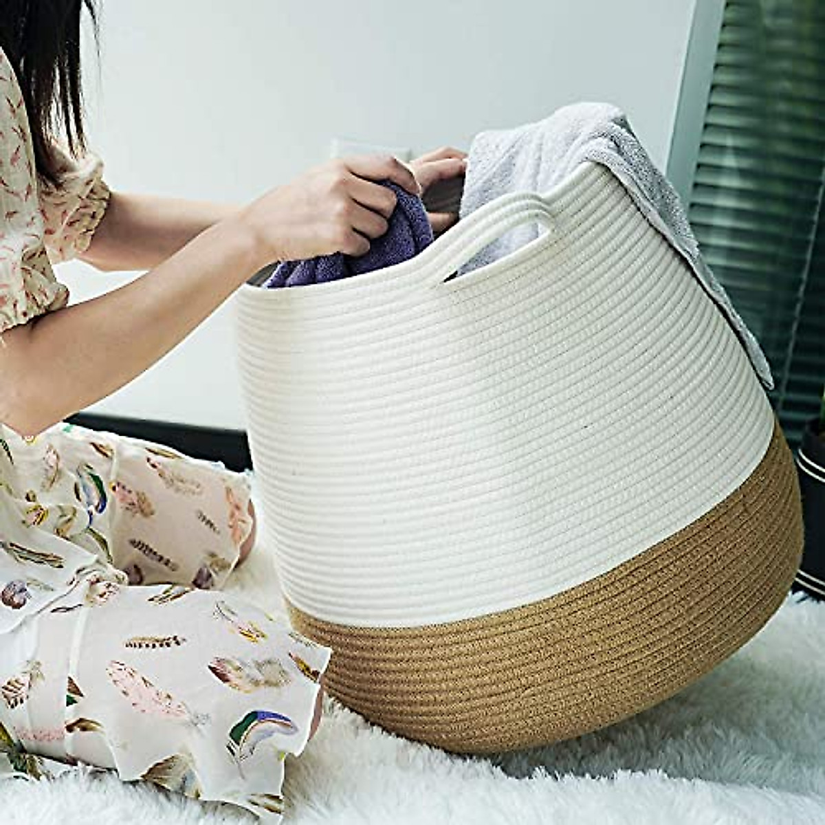 Goodpick Boho Woven Storage Basket Rope Laundry Basket with Handles (Set of 2)