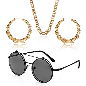 Hicarer 80s 90s Outfit Accessories for Women Men Hip Hop Costume Round Goggle Faux Gold Chain Earring Jewelry (Round Shape Earrings)