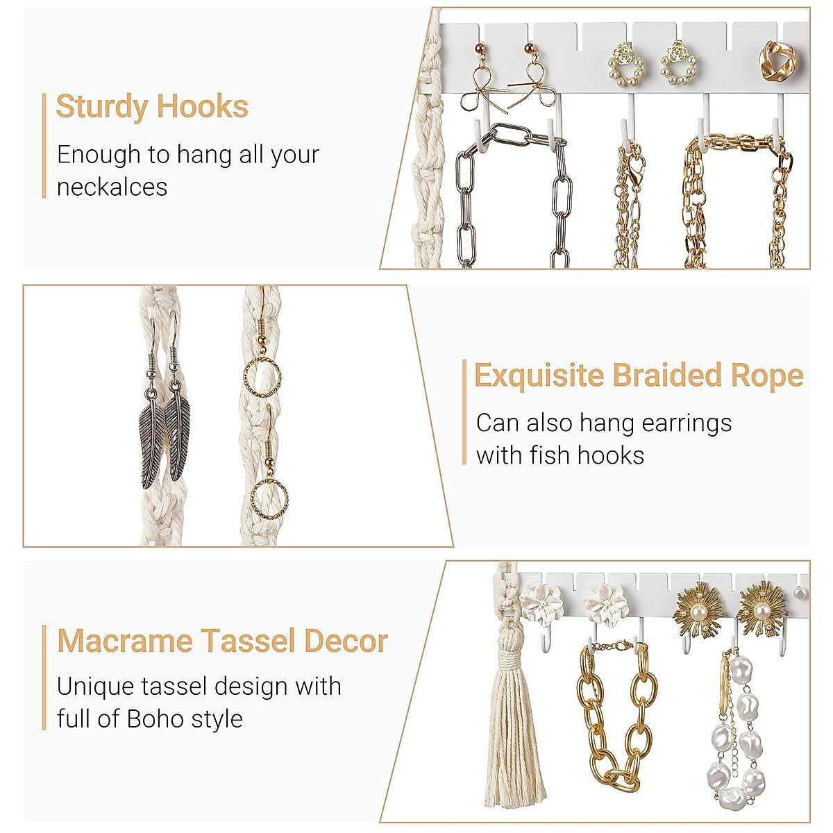 Mkono Hanging Jewelry Organizer Macrame Necklace Holder Wall Mounted Jewelry Hanger Earring Holder Organizer Boho Decor Over Door Jewelry Display Necklace Rack for Necklaces Bracelets Earrings