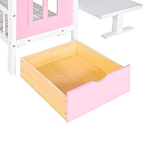 Polibi Full-Over-Full Bunk Bed with Storage Staircase and Changeable Table, Full Bunk Bed Turn into Upper Bed and Down Desk with 2 Drawers, Pink