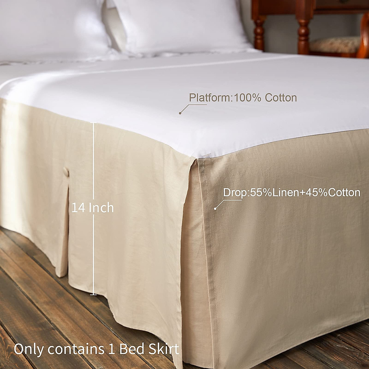 BISELINA French Linen Bed Skirt Split Corner with Button 14-Inch Tailored Drop Natural Flax Cotton Blend Basic Dust Ruffle Soft Cozy (14" King,Button Linen)