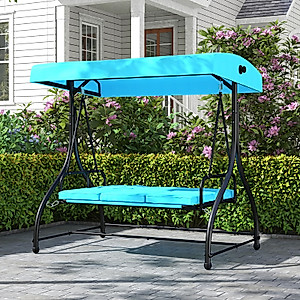 HAPPYGRILL 3 Seat Outdoor Porch Swing, 2-in-1 Swing Glider with Adjustable Canopy, Removable Cushions, Foot Pad, Curved handrails, Outdoor Swing for Patio Yard Garden Balcony Backyard, Turquoise