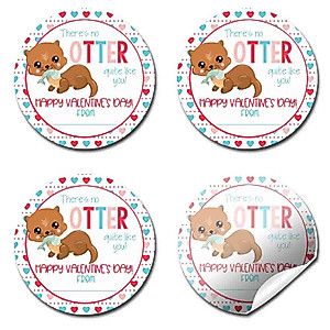 Cute Otter Themed Valentine Party Favor Sticker Labels for Kids, 40 2" Party Circle Stickers by AmandaCreation, Great for Classroom Valentines, Envelope Seals, Gifts & Treats