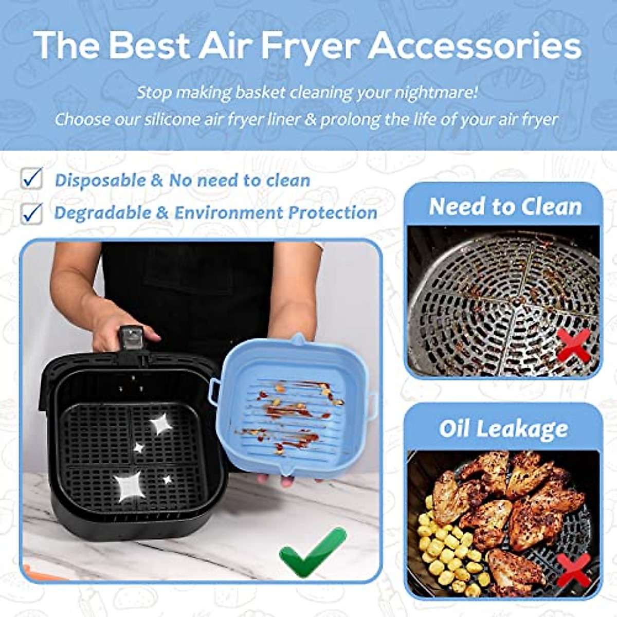 Loveuing Silicone Air Fryer Liners Square - Reusable Airfryer Silicone Basket - Easy to Clean Air Fryers Silicone Pot for 5.8 to 8 Qt Air Fryer Baking Tray Oven Accessories, 8.5 Inch Large
