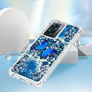 CAIYUNL Oneplus Nord N300 5G Case, Glitter Bling Floating Liquid Women Girls Phone Cover with Tempered Glass Screen Protector-Blue Butterfly