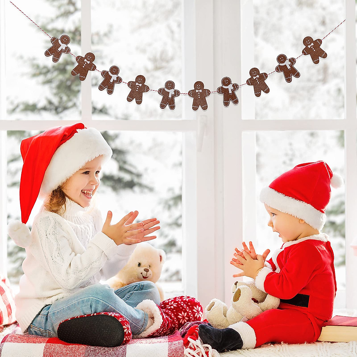 Jetec 2 Pieces Christmas Gingerbread Man Banner Cute Gingerbread Garland Decorations Wooden Christmas Bunting Banner Hanging Gingerbread Man Banner for Home, 6.6 Ft Each