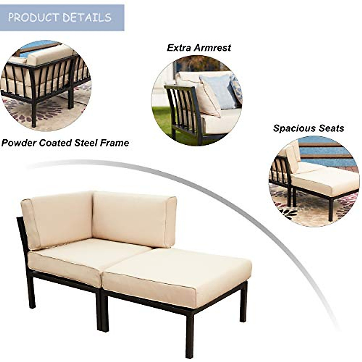 LOKATSE HOME 2 Piece Patio Furniture Set Sectional Balcony Corner Outdoor Loveseat Couch Armchiar Sofa with Ottoman Metal Steel Frame, Khaki