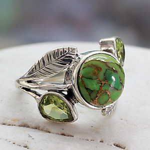 NOVICA Artisan Handmade Peridot Cocktail Ring with Composite Turquoise Sterling Silver Reconstituted Green India Greenery Leaf Tree Bollywood Birthstone [ring Front 0.7 in L x 0.6 in W x 0.3 in H Ban]