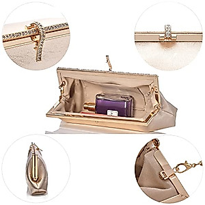 Luxury Satin Classic Evening Clutch Bag with Elegant Rhinestone Bling Crossbody Bag for wedding bridal graduation prom (Gold)