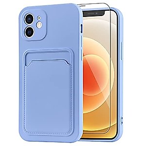 MZELQ Wallet Case for iPhone 12 (6.1 inch), Card Holder Camera Protection Cover for iPhone 12 + Screen Protector, Soft Slim Card Slot Case Compatible with iPhone 12 Phone Case -Purple