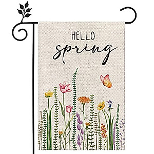 AnyDesign Hello Spring Garden Flag Double Sided Spring Floral Vertical Yard Flag Waterproof Watercolor Seasonal Flower Decorative Outdoor Flag for Farmhouse Lawn Patio, 12.5 x 18 Inch