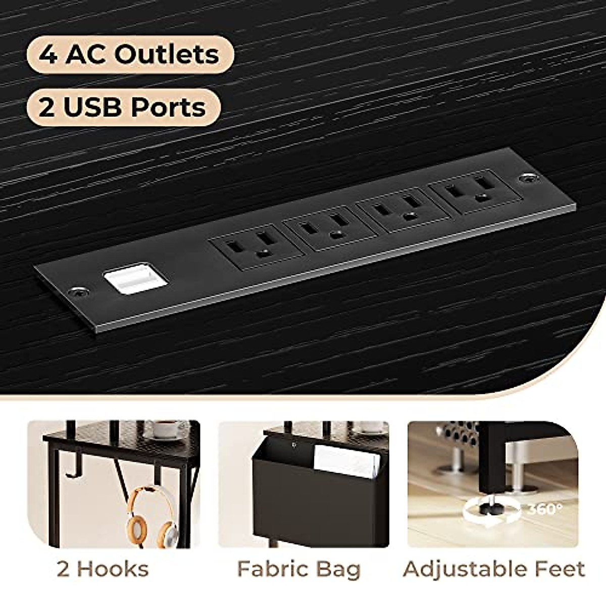 PRAISUN L Shaped Computer Desk with Power Outlets & LED Lights, Corner Gaming Desk with Fabric Storage Bag, Monitor Shelves, Home Office Desk with Hooks, Host Shelf, L Shape Gaming Desk, Black