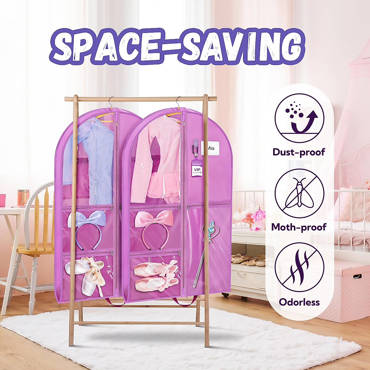 SNOWLYCNY 40" Dance Garment Bags for Dancers, Dance Costume Garment Bag with 6 Pockets for Travel, Clothing Storage and Competition, Kids Garment Bags for Hanging Clothes, Dress, 2 Pack, Purple