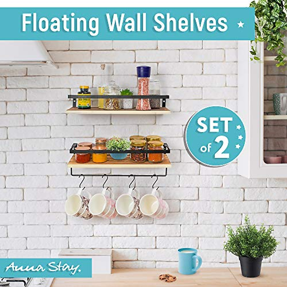 TRIVETRUNNER -ANNA STAY Floating Shelves Wall Mounted for Bathroom and Storage Shelves for Kitchen Set of 2, with Towel Bar, Cotton Towel Included (Light Brown)