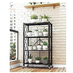 ATAAY Shelf Unit Heavy-Duty Kitchen Storage Rack Foldable Storage Cart Kitchen Living/Black