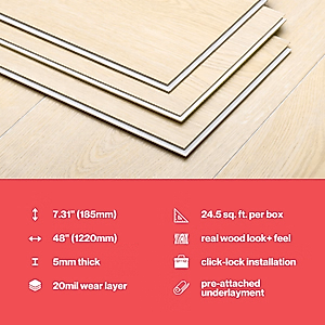 Lucida Surfaces Luxury Vinyl Flooring | Interlocking Flooring for DIY Installation | 10 Wood-Look Planks | CliCore | 24.5 Sq. Feet (10, NaturalOak, 10 Planks)