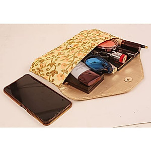 Indtresor beaded handcrafted embroidered evening purse handbag vintage party wedding gift for women. Peach Gold