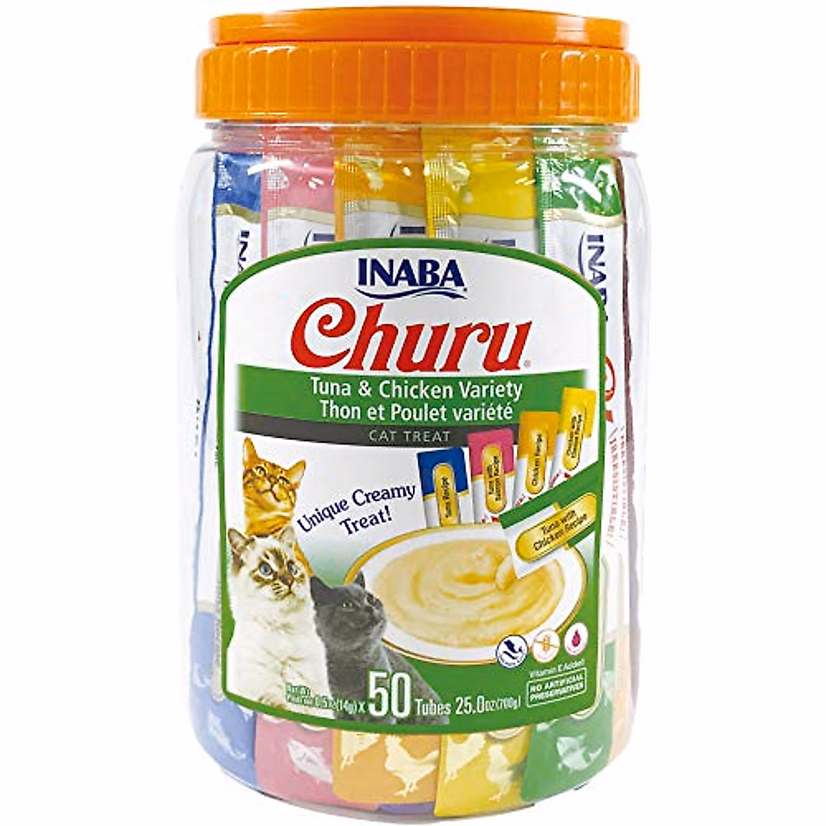 INABA Churu Cat Treats, Grain-Free, Lickable, Squeezable Creamy Purée Cat Treat/Topper with Vitamin E & Taurine, 0.5 Ounces Each Tube, 50 Tubes, Tuna & Chicken Variety