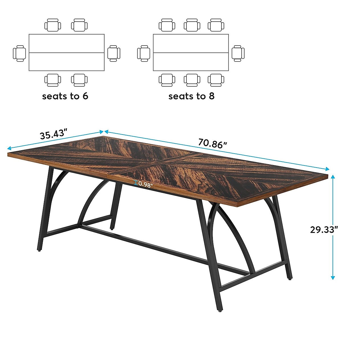 Tribesigns Extra Long Dining Table for 6, 70.8-Inch Rectangle Kitchen Table with Stylish Metal Legs, Large Business Restaurant Table, Only Table, Easy Assembly, Brown