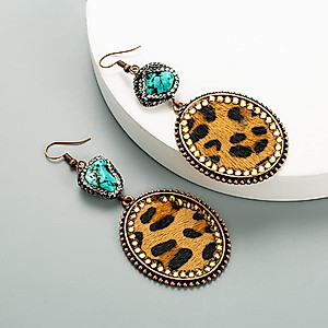 Vintage Leopard Print Dangle Earrings for Women AB Crystal Geometric Irregular Turquoise Stone Faux Leather Statement Drop Stud Earring Retro Birthday Party Jewelry Gifts (Gold)