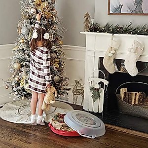 HOMZ Set of 3 Holiday Wreath Plastic Storage Containers, Holds Up to 24” Diameter, Secure Latching Lid and Easy Grip Handle, Stackable and Nestable, Red/Clear