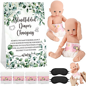 Lineshading 9 Pcs Baby Shower Game Supplies for Blindfold Diaper Changing Baby Dolls with Blindfolds Diapers Baby Changing Diaper Race Game Set for Baby Shower (Green,Leaves)