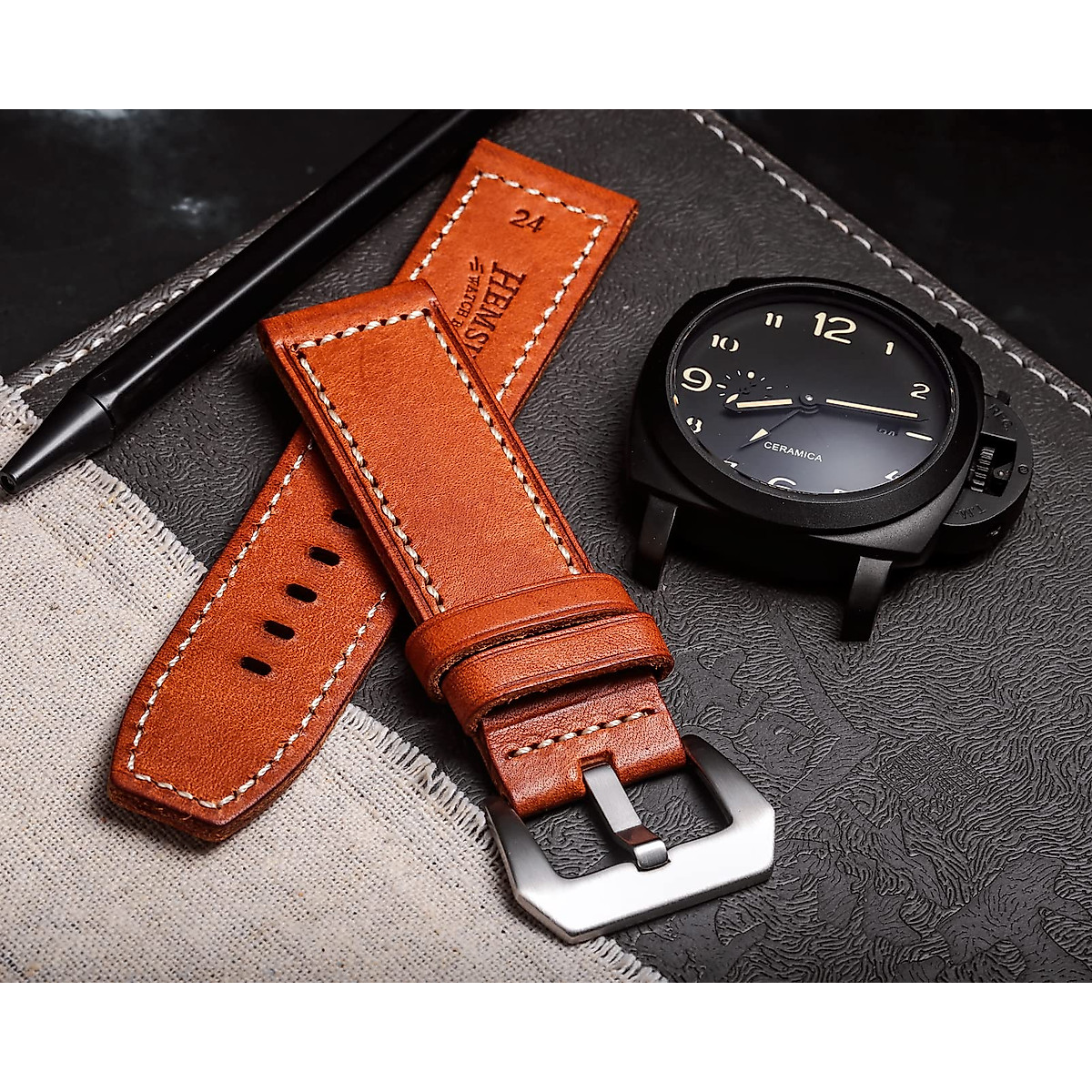 Hemsut Genuine Leather Watch Band, Retro Vintage 20 22 24 26mm Handmade Replacement Leather Watch Strap for Men and Women