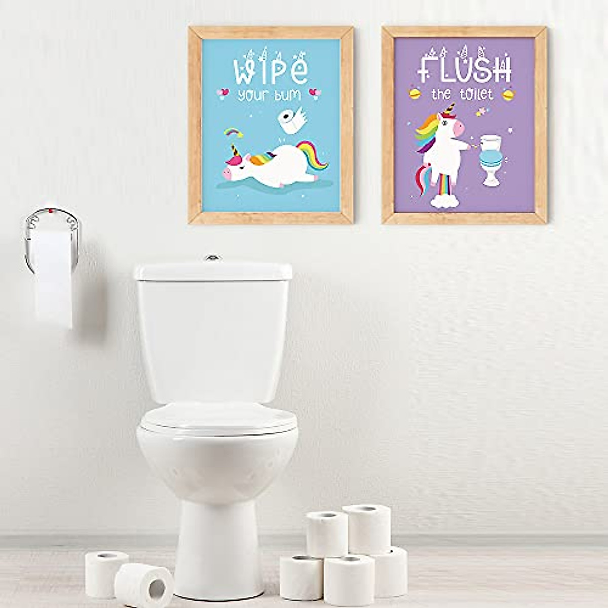 IIILUYOT Funny Unicorn Bathroom Decor, Wash Wipe Flush Brush, Unicorn Decor Gift, Unicorn Rainbow Girls Gift Art Prints, (Unframed8 x 10), Cute Kids Children’s Tween Posters for Home