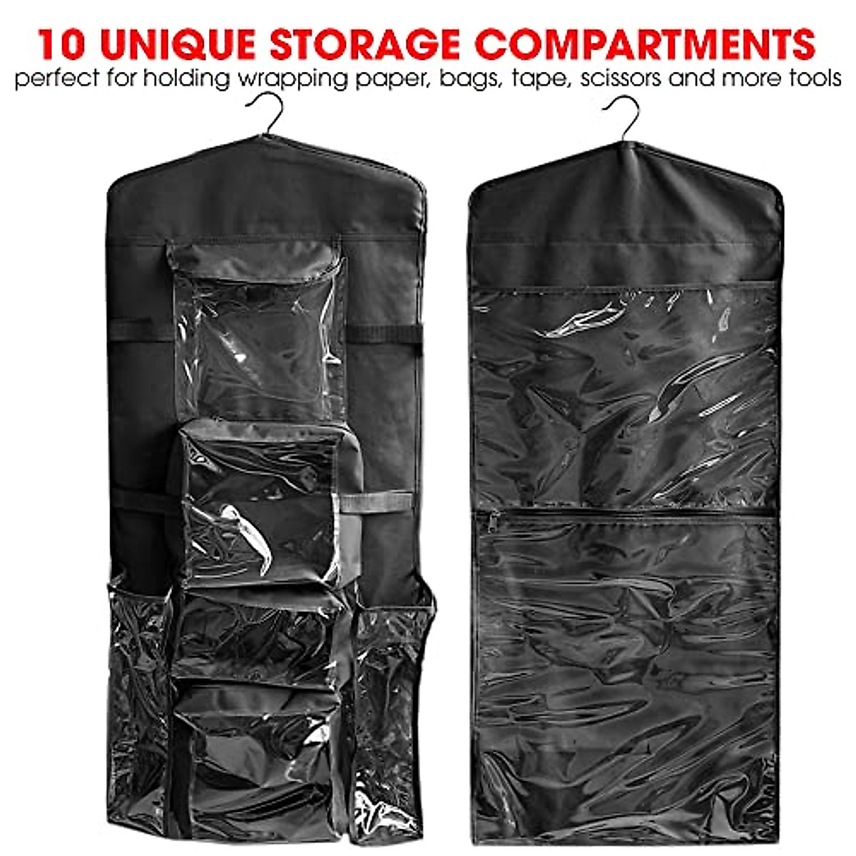 Hanging Gift Wrapping Paper Storage Organizer Bag, Double Sided Multiple Front & Back Pockets Organize Your Gift Wrap, Gift Bags Bows Ribbons 40"X17" Fits Long 40 Inch Rolls Clear PVC Bag (Full Black)
