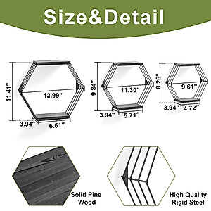 YEMNMFH Hexagon Floating Shelves for Wall Set of 3, Black Metal Wall Decor Honeycomb Shelves, Trinket Shelf, Natural Wood Decorative Floating Shelves for Bedroom, Living Room, Kitchen and Office