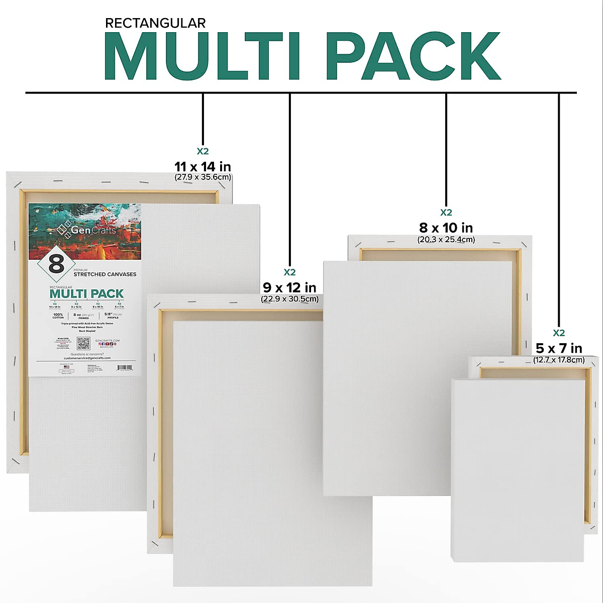 GenCrafts Stretched White Rectangular Canvas Multi Pack - 5x7, 8x10, 9x12, 11x14 (2 of Each) Set of 8 - Triple Primed - 100% Cotton - for Acrylic, Oil, Other Wet or Dry Art Media - Artists Grade