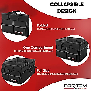 FORTEM Car Trunk Organizer, Car Storage Organizer, Collapsible Multi Compartment Car Organizer, SUV Trunk Organizer, Non Slip Bottom, Adjustable Securing Straps, Foldable Cover (Black, Standard Size)