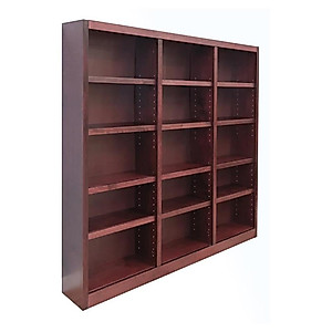 BOWERY HILL 72" Traditional Triple Wide Wood Bookcase with 12 Adjustable Shelves and 3 Fixed Shelves, Ready for Assembly, for Home/Office Use, in Cherry Finish