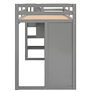 DEYOBED Twin Size Loft Bed with 2 Wardrobes and Stairs, Solid Wood Multi-Functional Loft Bed Frame with 2 Storage Drawers and 3 Shelves for Kids Boys Girls Bedroom, No Box Spring Needed, Gray
