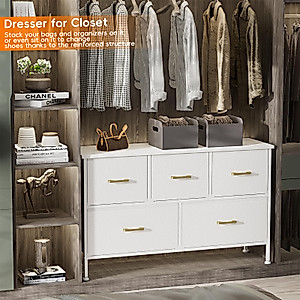 YILQQPER Bedroom 5 Drawer Dresser, White Dresser with Fabric Drawer, Drawer Cabinet PU Finish, Metal Handle, Closet Kids Room, TV Stand up to 43 inches, White (White, 5 Drawers)