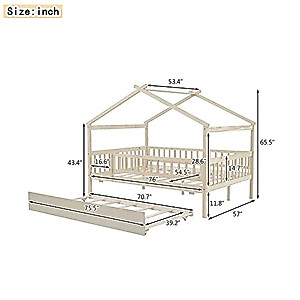 DEINPPA Full House Bed with Trundle, Kids Bed with Fence Guardrails, Wood Bed Frame, Decorative Roof Designs, No Box Spring Needed, for Boys Girls Toddler Kids-Natural