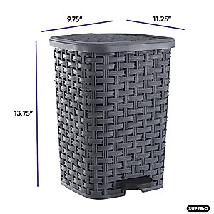 Superio Mini Trash Can with Foot Pedal Small Outdoor Garbage Can with Lid, 3 Gallon Plastic Waste Basket for Bathroom, Bedroom, Kitchen, Office, Patio (Wicker Grey 12 QT.)