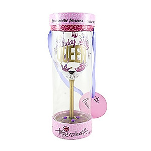 Top Shelf “Birthday Queen” Decorative Wine Glass ; Funny Gifts for Women ; Hand Painted Purple and Gold Design ; Unique Red or White Wine Glasses