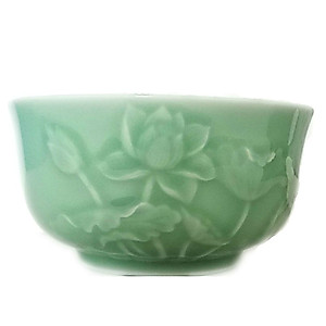Rice Bowls 13.5Ounce Celadon Porcelain Engraved Lotus for Cereal and Soup(5 Inch)
